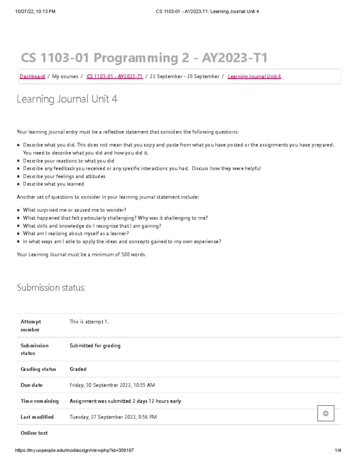 CS 1103-01 - AY2023-T1 Learning Journal Unit 4 - CS 1103-01 Programming 2 - AY2023-T Learning ...