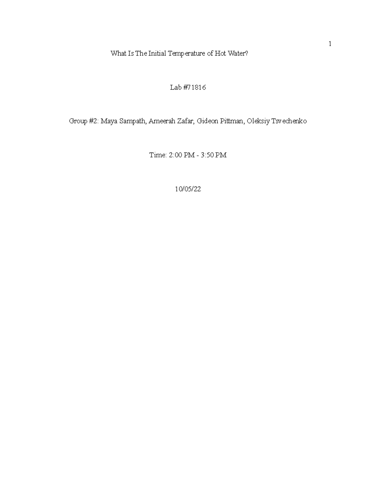 Report 5 CHM - Lab - What Is The Initial Temperature of Hot Water? Lab ...