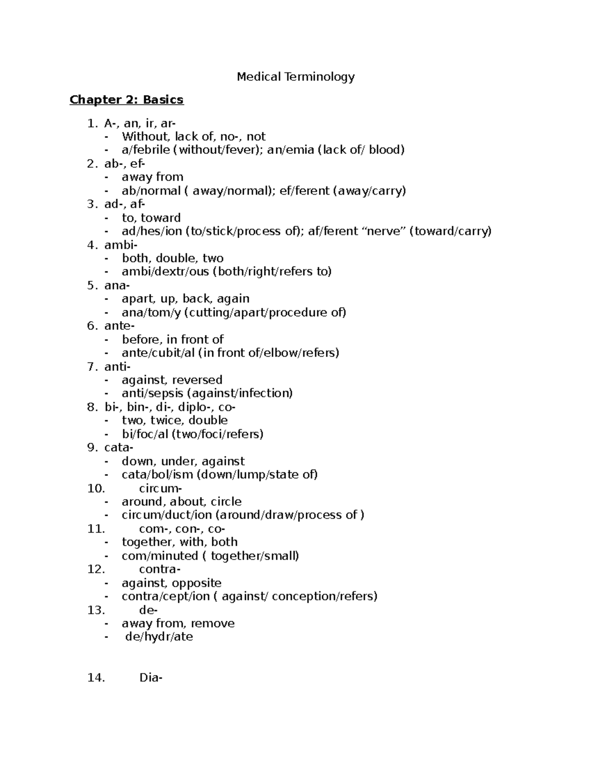 Medical Terminology - Medical Terminology Chapter 2: Basics A-, an, ir ...