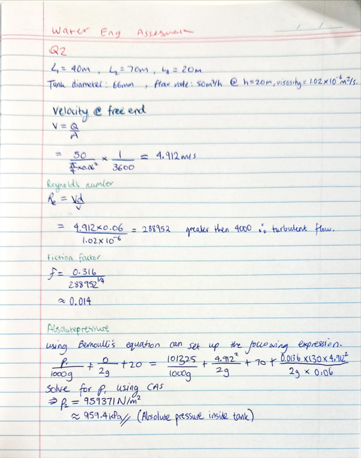 Q2 water exam - water Eng Assesmath Q2 40m 70m, L3 20m Tank diameter ...