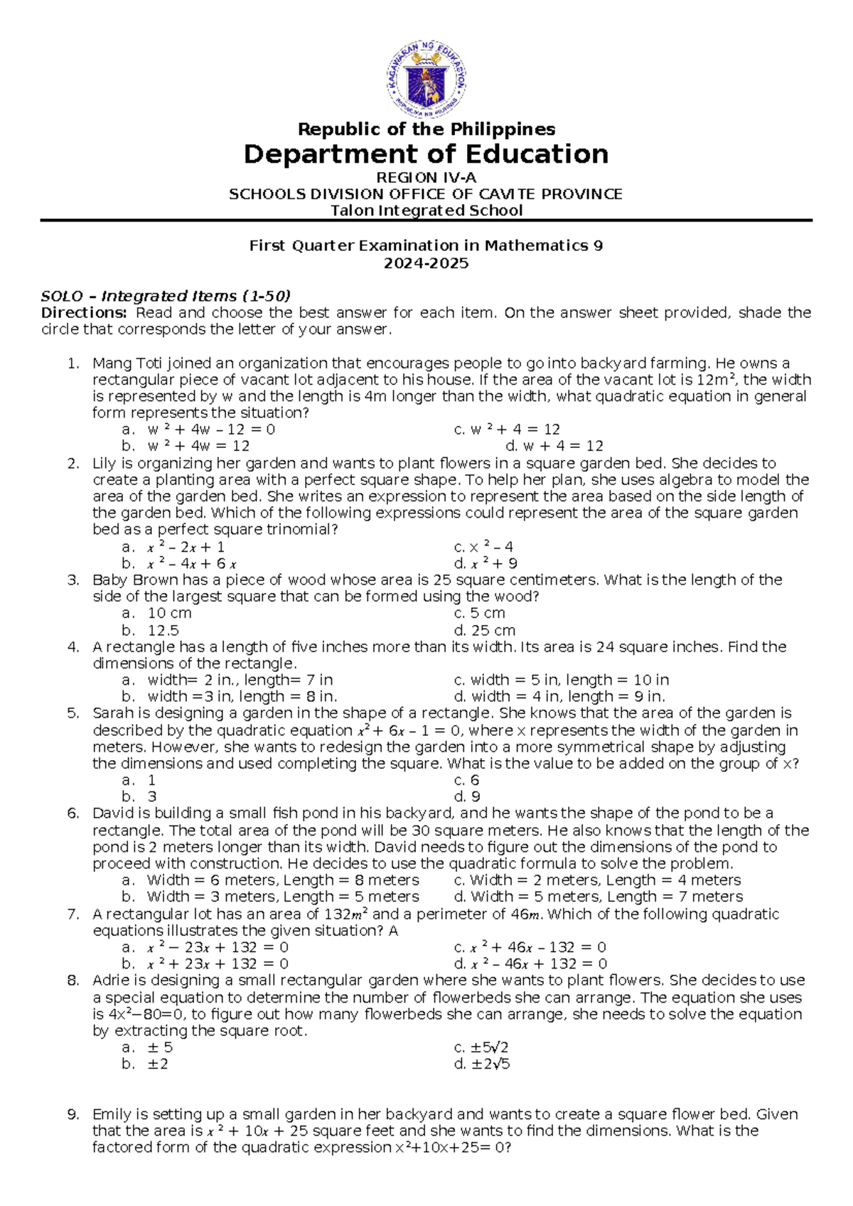 EXAM IN MATH 9 Q1 - N/A - Republic of the Philippines Department of ...