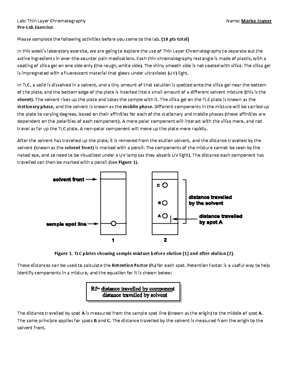 Prelab Lab3 TLC 1 27 2022 - Lab: Thin Layer Chromatography Name: Marisa ...