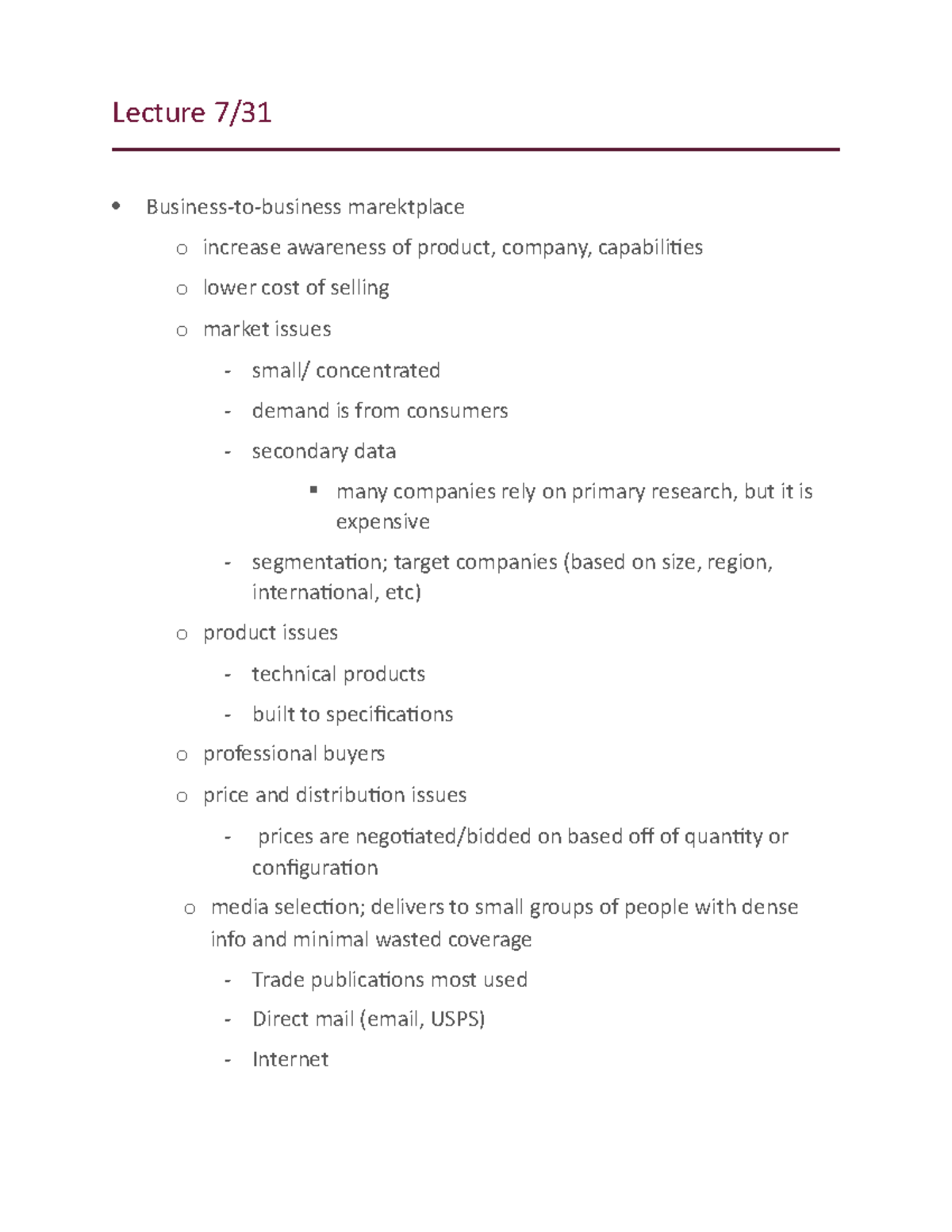 Lecture 7:31 - notes - Lecture 7/ Business-to-business marektplace o ...
