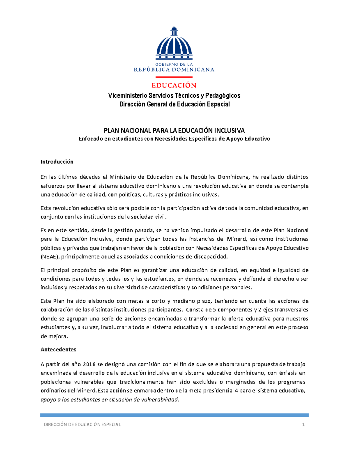 Plan Nacional de Educacion Inclusiva - Viceministerio Servicios Técnicos y Pedagógicos Dirección ...