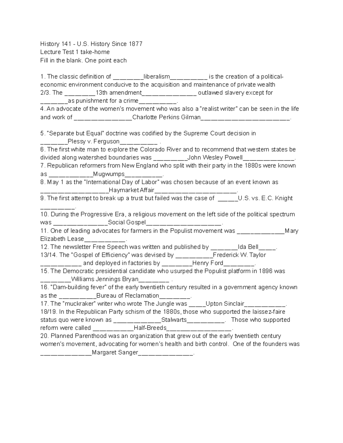 Test 1b - lol - History 141 - U. History Since 1877 Lecture Test 1 take ...