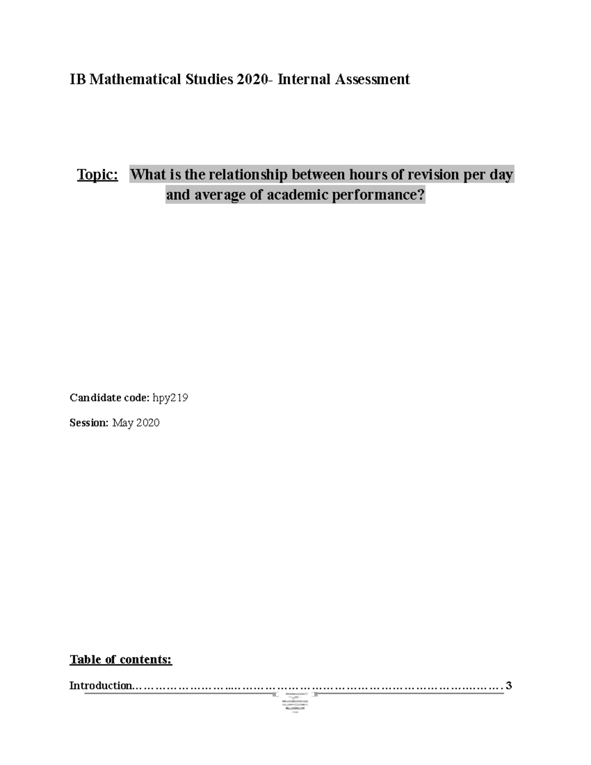 IA 2020 - hot - IB Mathematical Studies 2020- Internal Assessment Topic ...