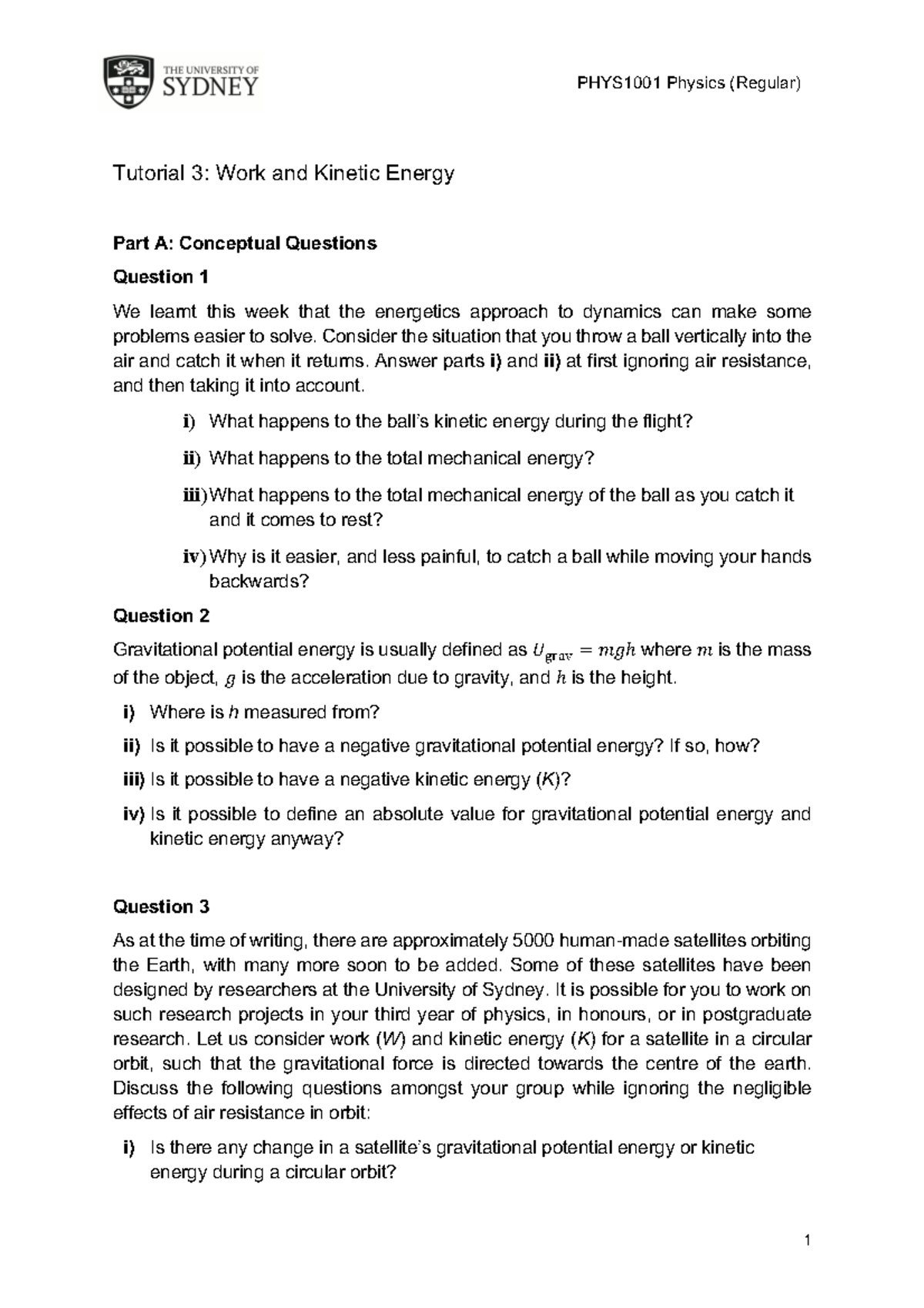 Phys1001 tutorial 3 - 1 PHYS1001 Physics (Regular) Tutorial 3: Work and ...