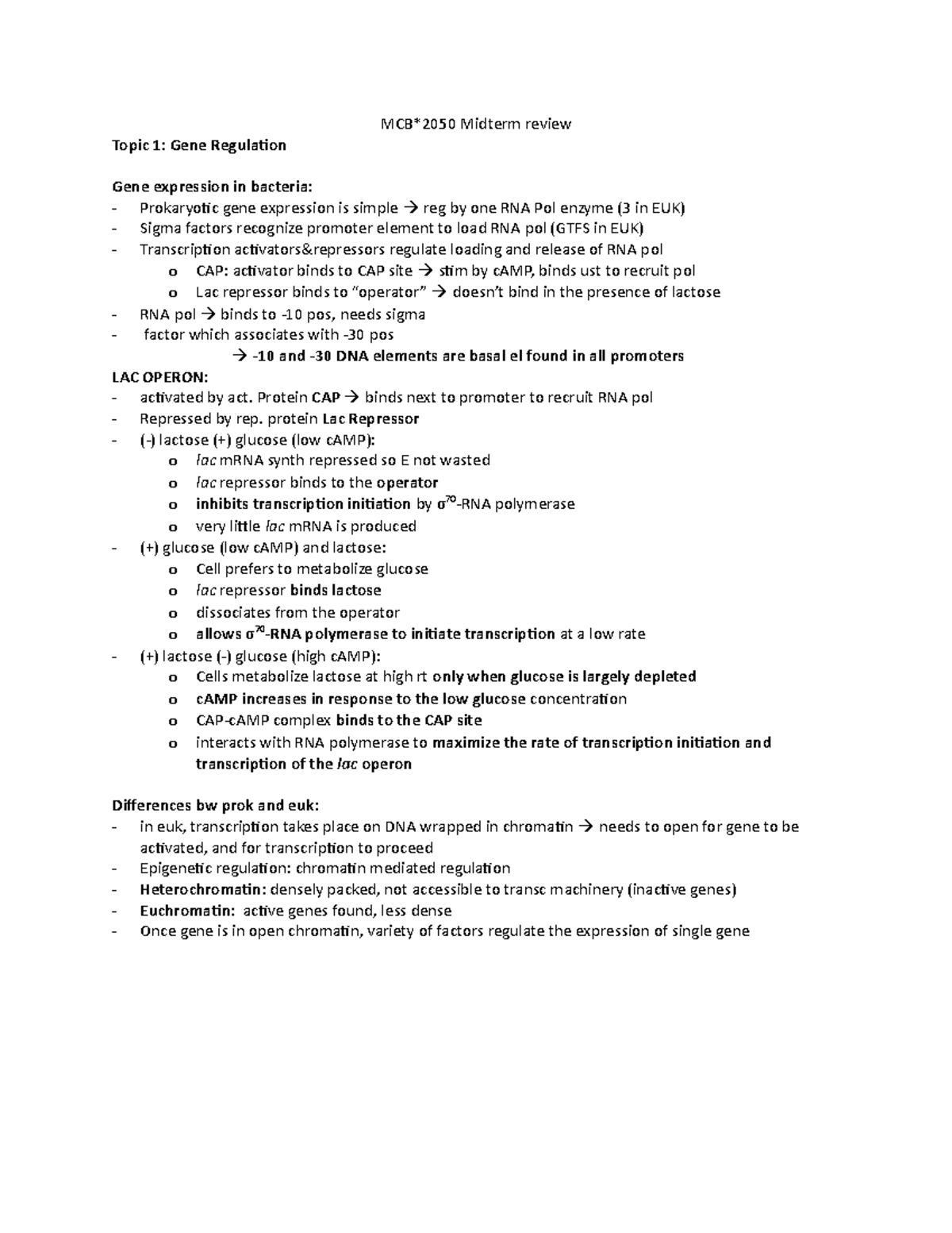 MCB2050 MT Review - MCB*2050 Midterm review Topic 1: Gene Regulation ...