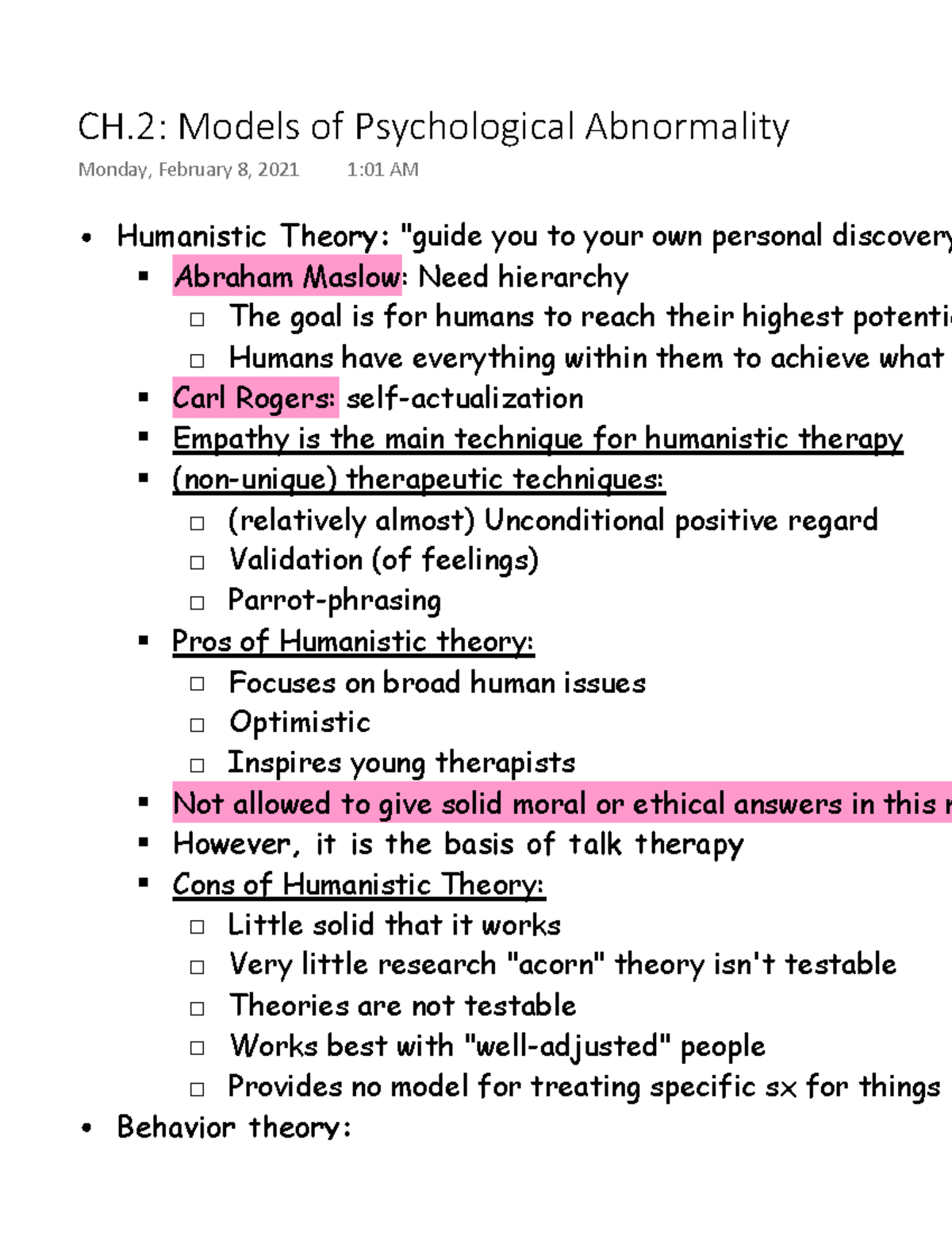 CH.2 Models of Psychological Abnormality - Humanistic Theory: "guide ...