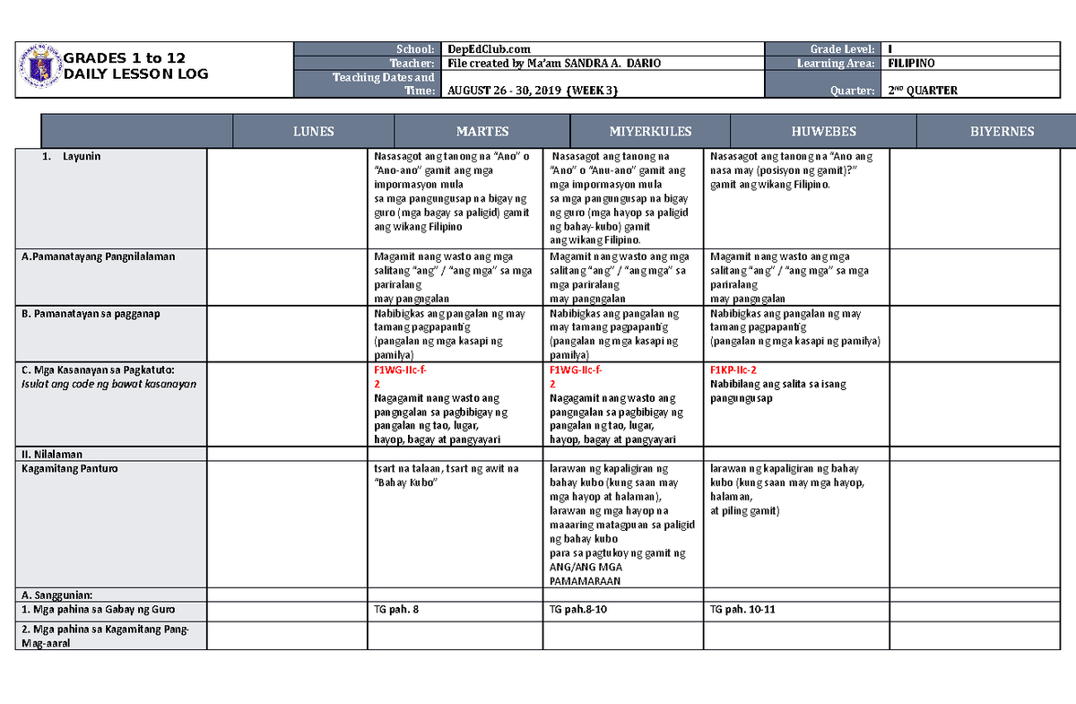 DLL Filipino 1 Q2 W3 - GRADES 1 to 12 DAILY LESSON LOG School ...