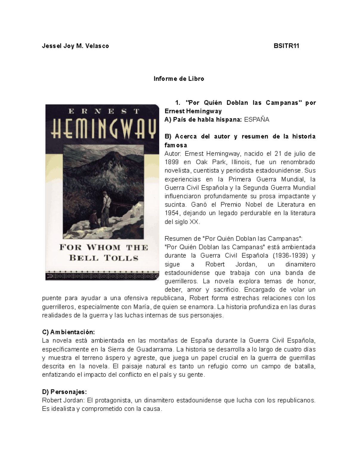 Book Report Spanish - Jessel Joy M. Velasco BSITR Informe de Libro 1 ...