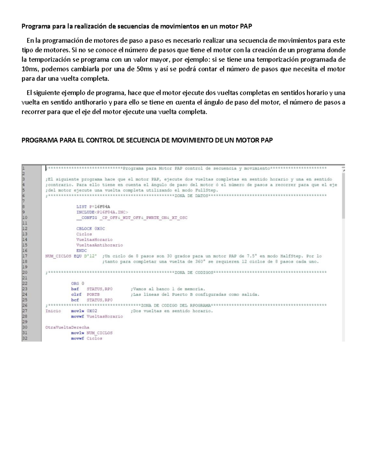 Programa para control de secuencias de movimientos en un motor PAP ...