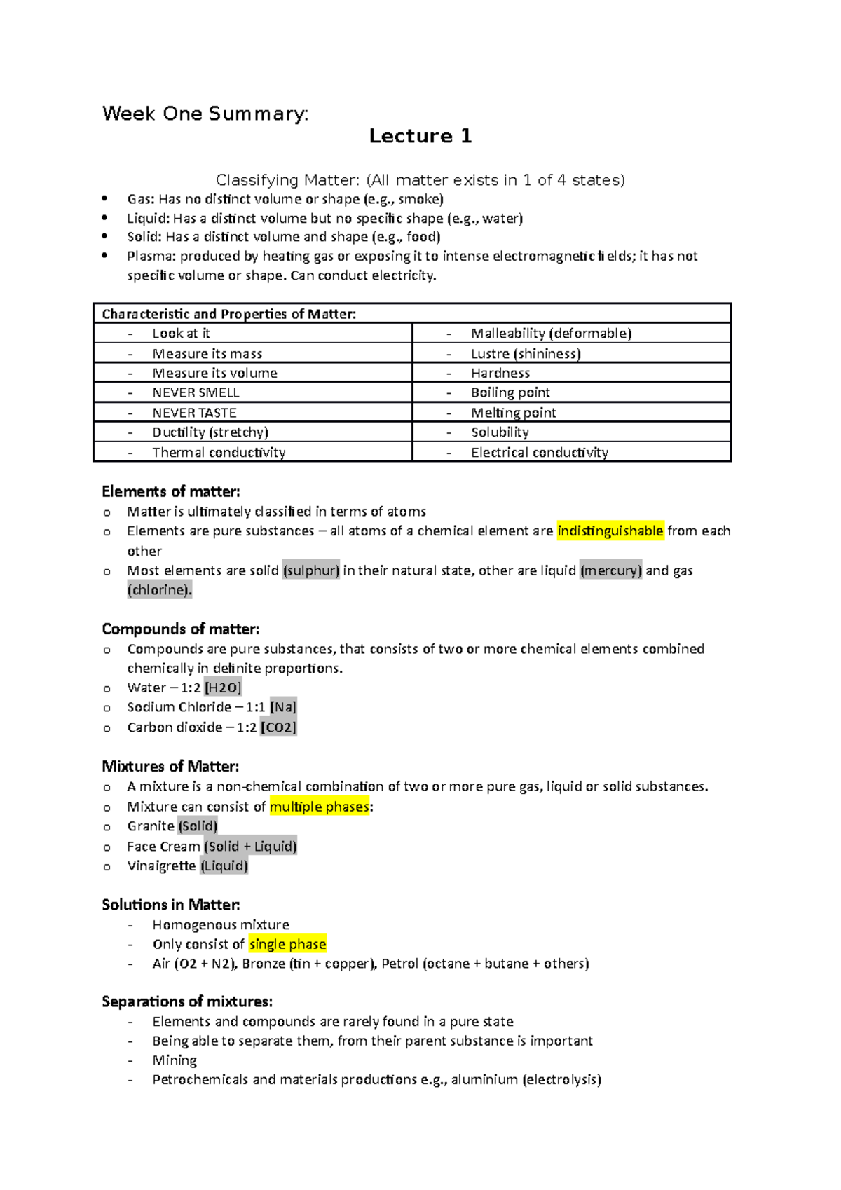 Lecture Summaries - Week One Summary: Lecture 1 Classifying Matter ...