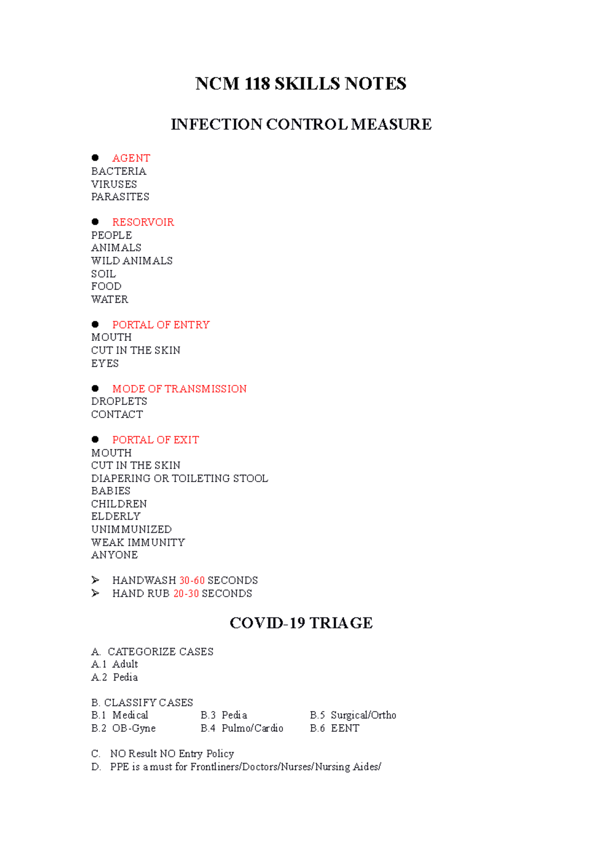 NCM 118 Skills Notes - NCM 118 SKILLS NOTES INFECTION CONTROL MEASURE ...