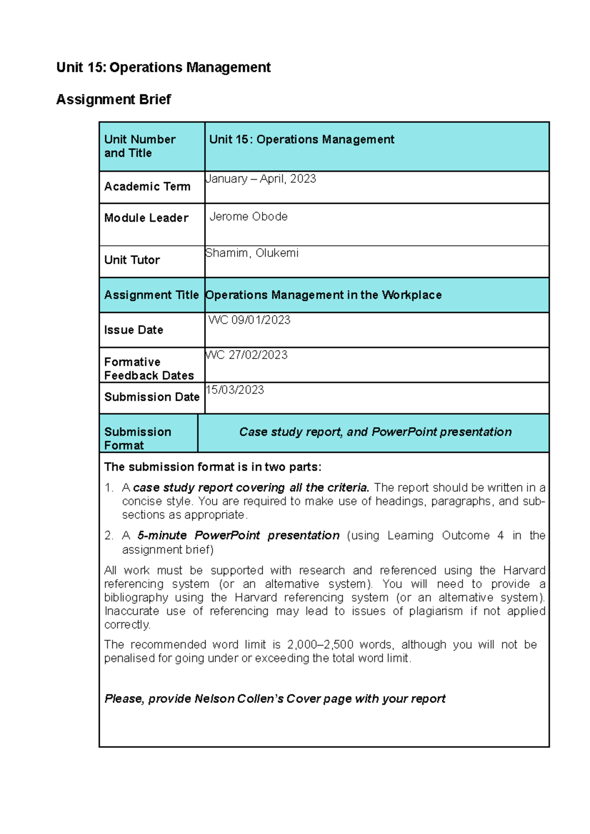 OM Assignment Brief Jan- March 2023 (New Semester) - Unit 15 ...