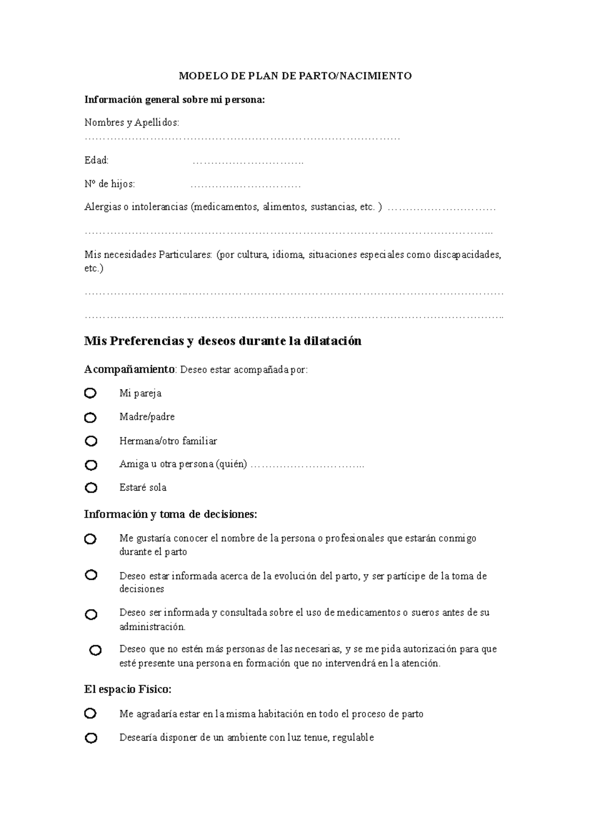 Modelo de Plan de Parto en pdf - MODELO DE PLAN DE PARTO/NACIMIENTO ...