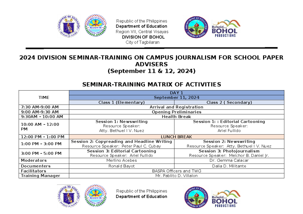 Baspa Training Matrix 2024 Draft SIR PABS 1 - Republic of the ...