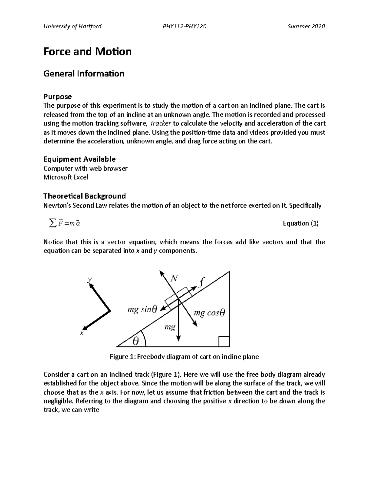 UH PHY112-120 Force and Motion Lab - University of Hartford Summer 2020 ...