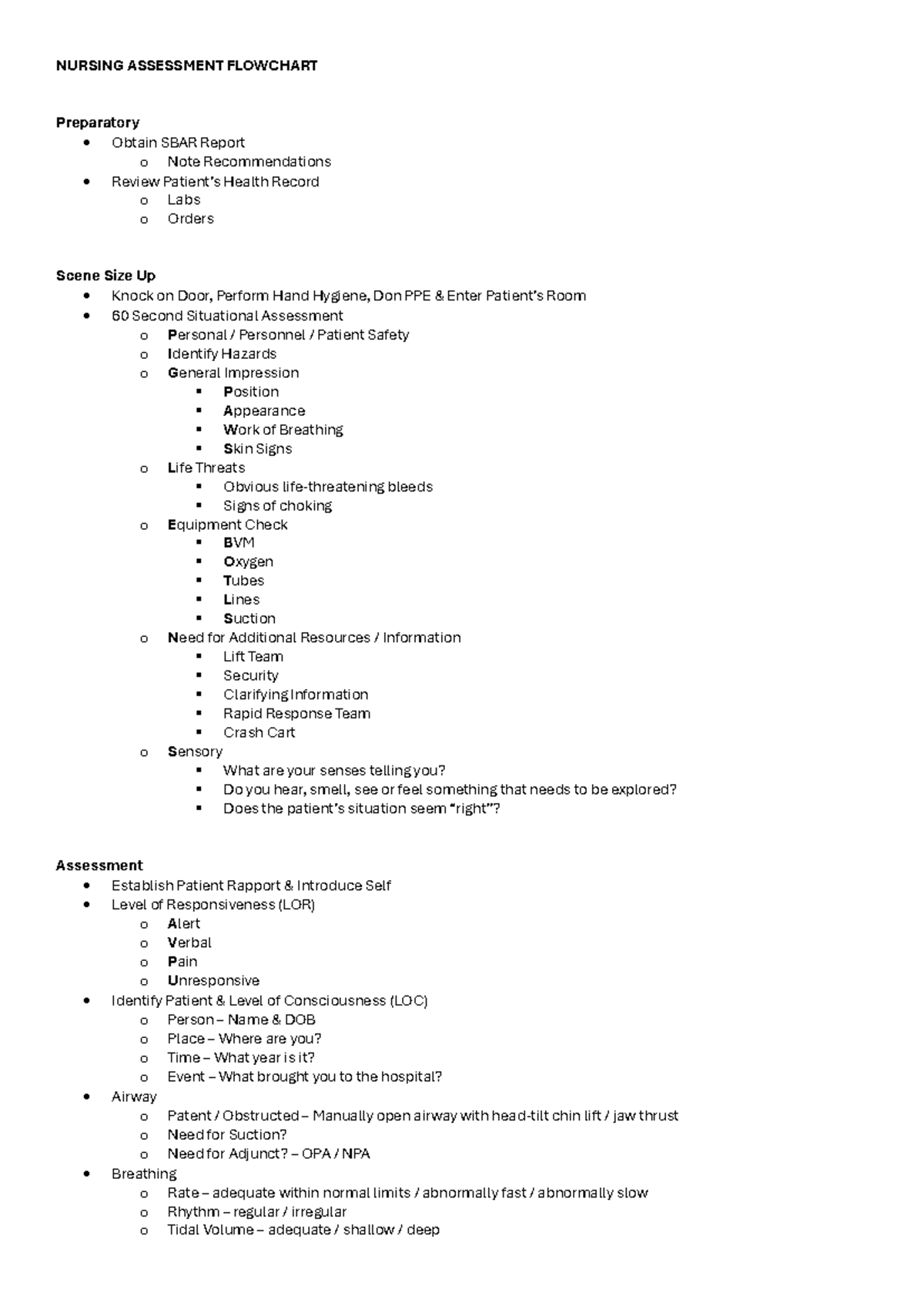 Nursing Assessment Flowchart - NURSING ASSESSMENT FLOWCHART Preparatory ...