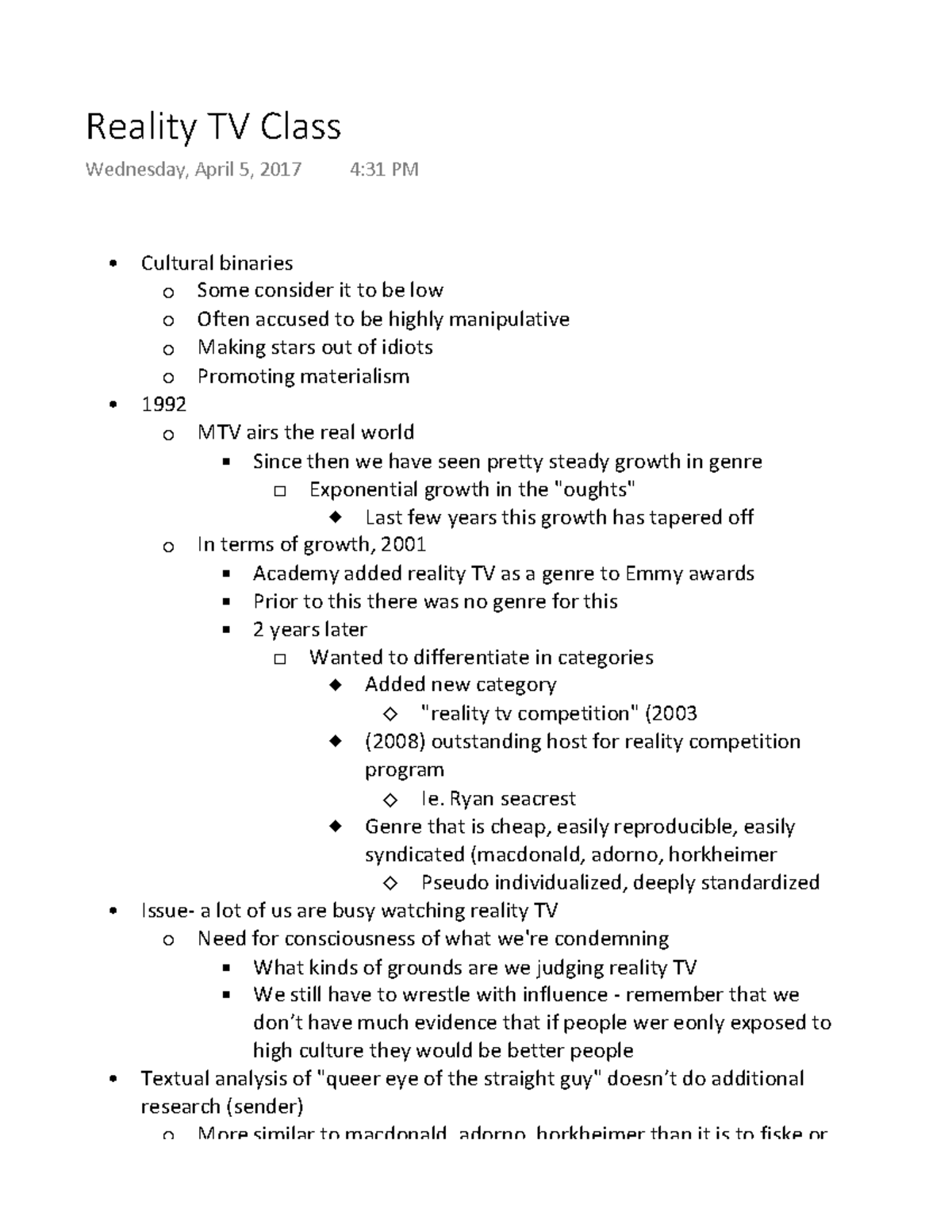 Reality TV Class - Lecture notes 1 - Warning: TT: undefined function ...