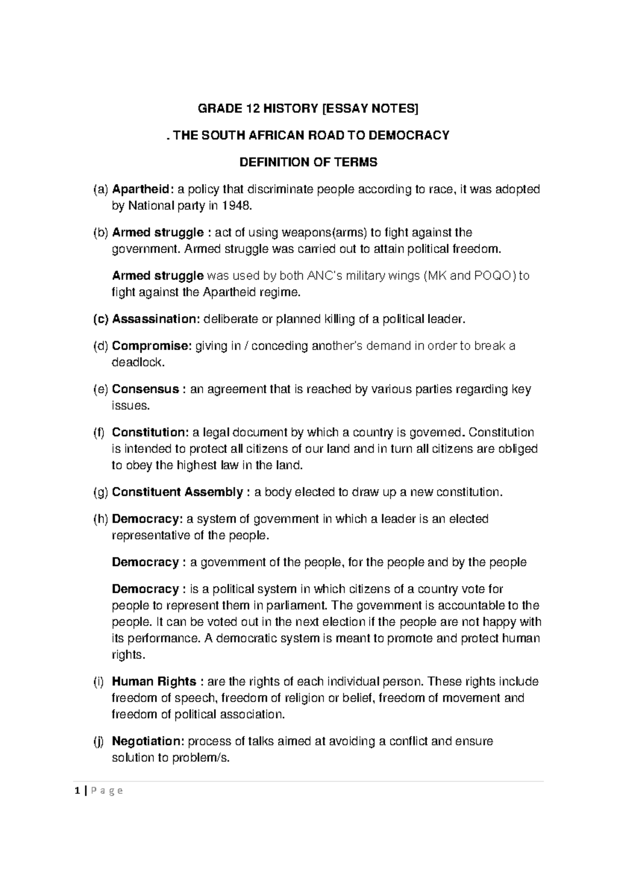 History Gr12 Essay 18May South African Road to Democracy - GRADE 12 ...