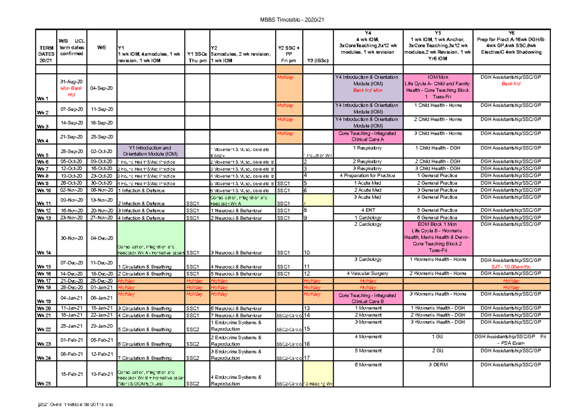 2021 overall timetable MBBS Timetable 2020 2021 Overall Timetable