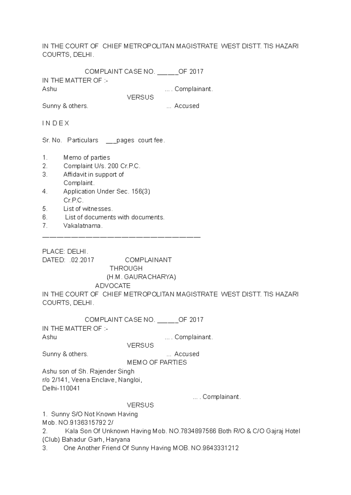 Application U-S 156(3) CRPC - IN THE COURT OF CHIEF METROPOLITAN ...