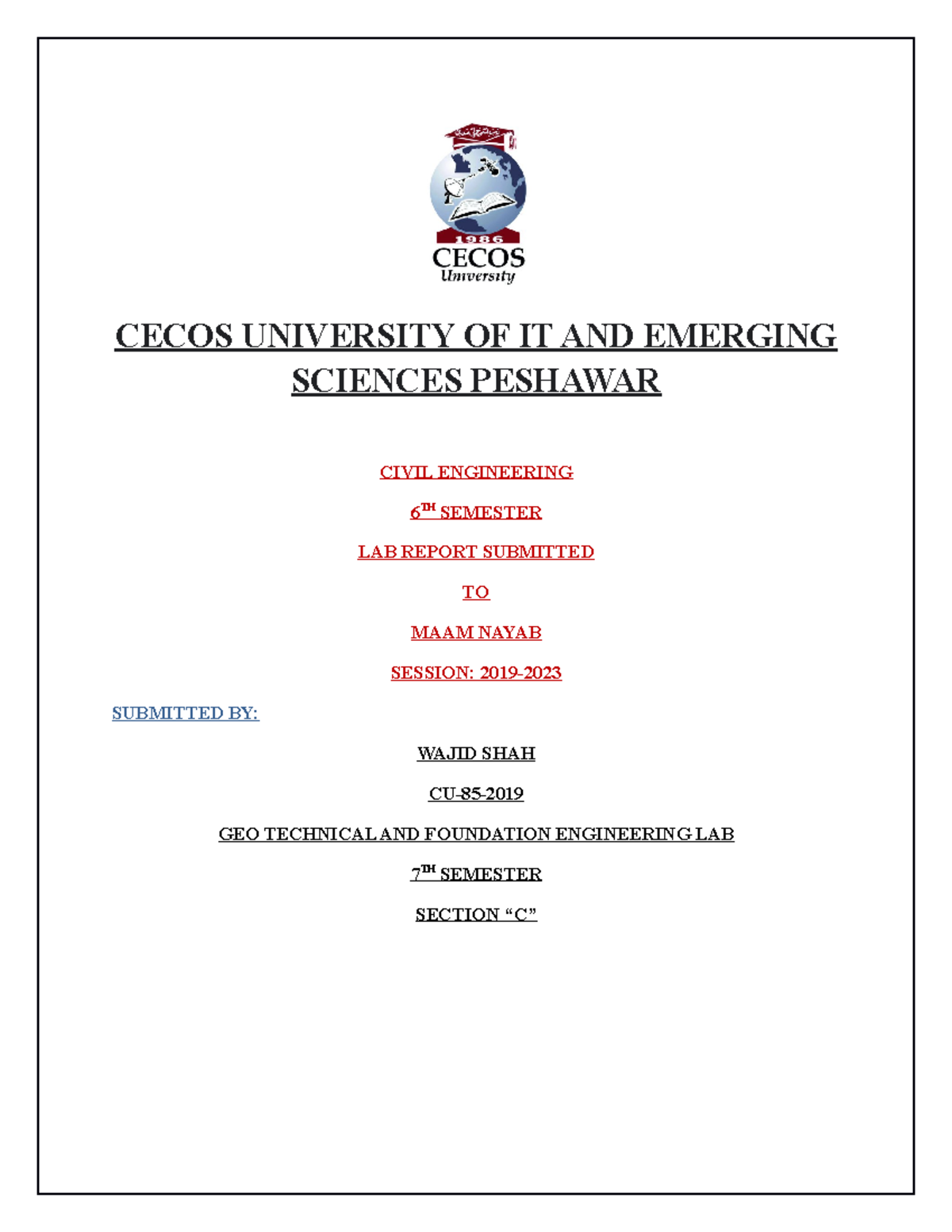 Direct shear test of soil - CECOS UNIVERSITY OF IT AND EMERGING ...