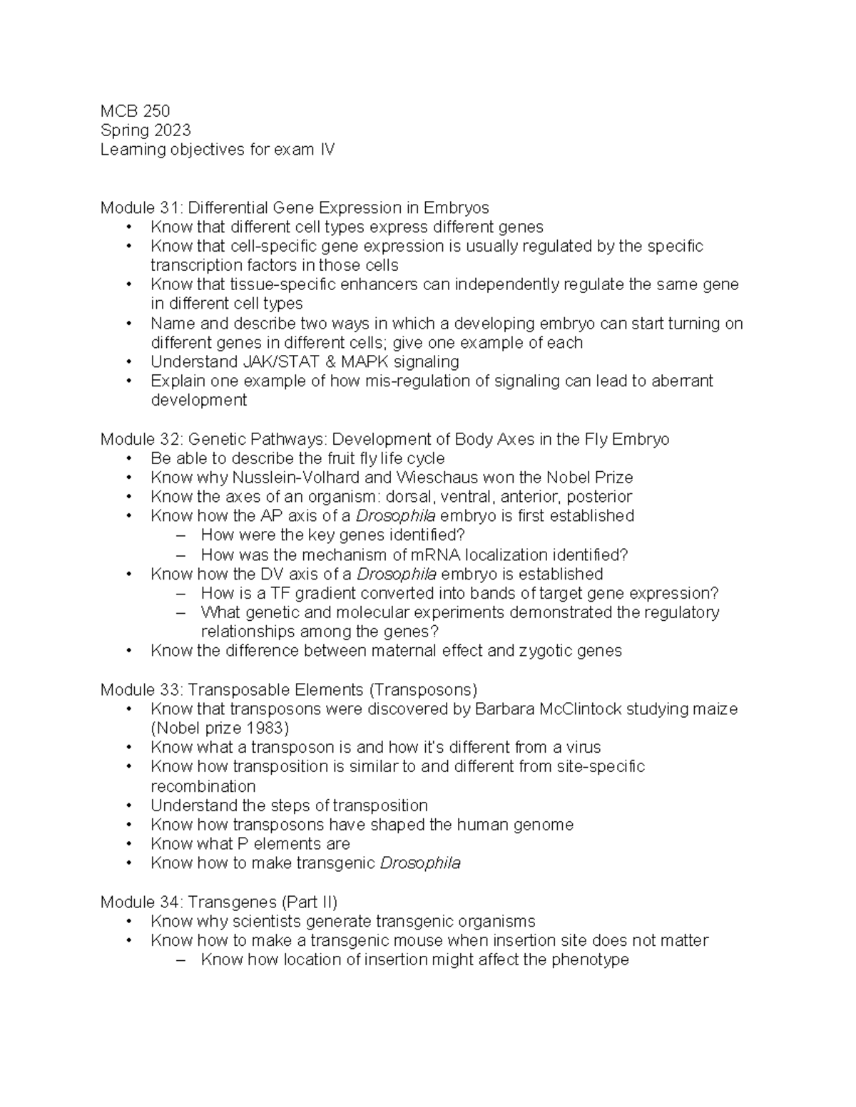 MCB 250 exam IV learning objectives - MCB 250 Spring 2023 Learning objectives for exam IV Module ...