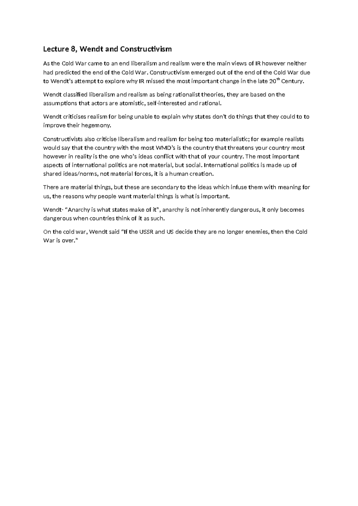 Lecture 8, Wendt and Constructivism - Lecture 8, Wendt and ...