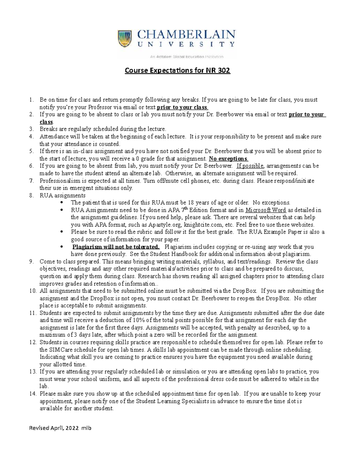Expectations 2022 - Course Expectations for NR 302 Be on time for class ...
