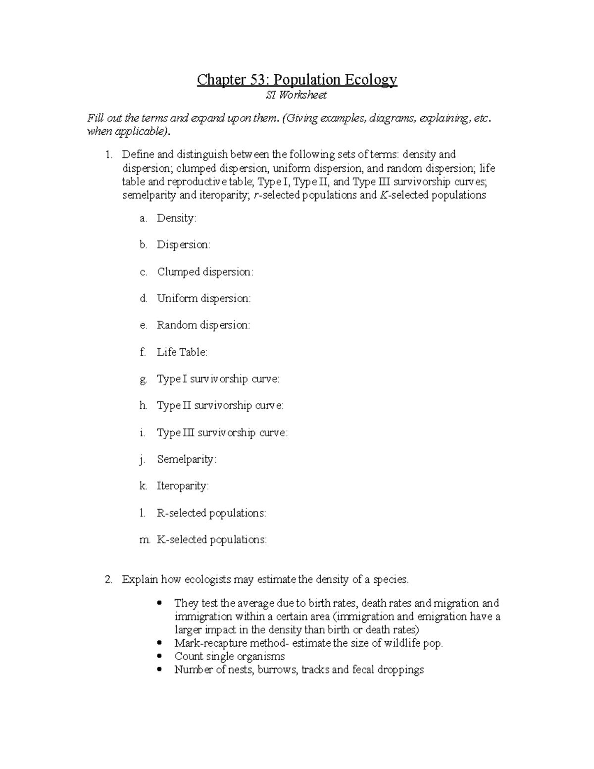 Chapter 53- Population Ecology WS-1 - Chapter 53: Population Ecology SI ...