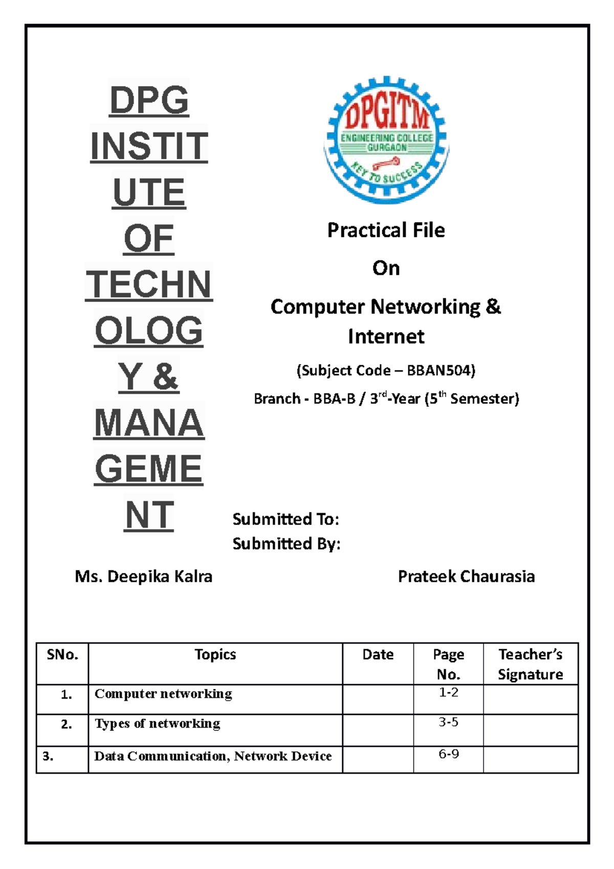 Practical File IIT 5th sem MY - Practical File On Computer Networking & Internet (Subject Code ...