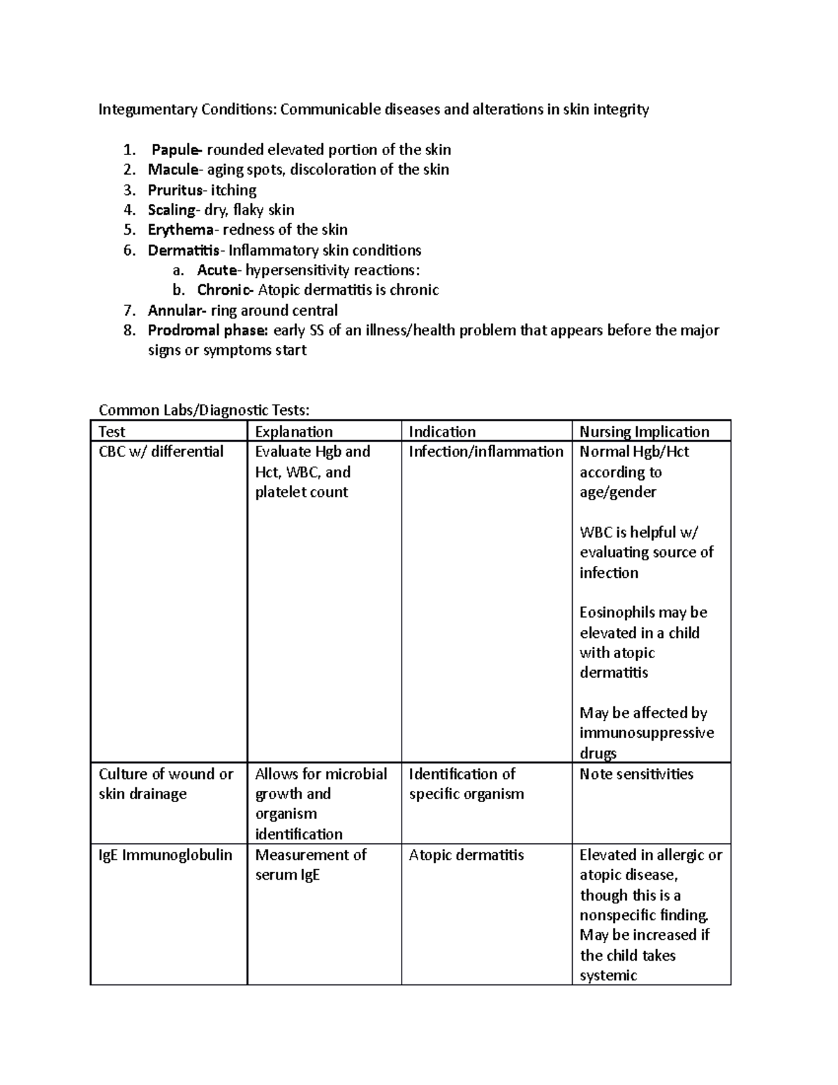 Integumentary Conditions- Communicable diseases and alterations in skin ...
