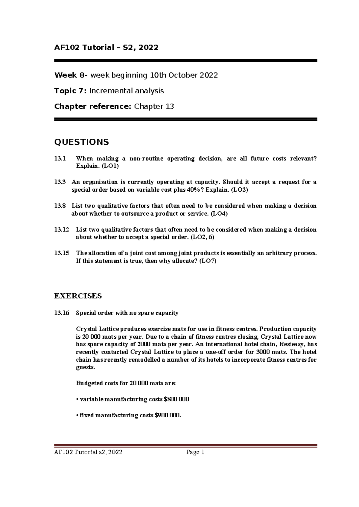 Topic 7 Tutorial Question - AF102 Tutorial – S2, 2022 Week 8- week ...