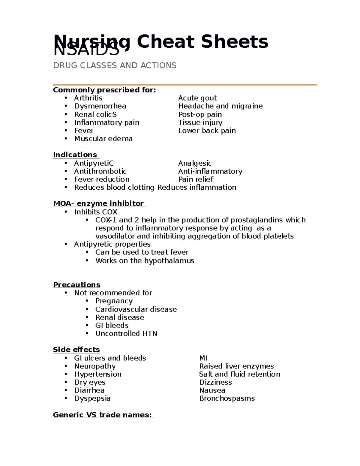 Nsaids - Nursing Cheat Sheets NSAIDS DRUG CLASSES AND ACTIONS Commonly ...