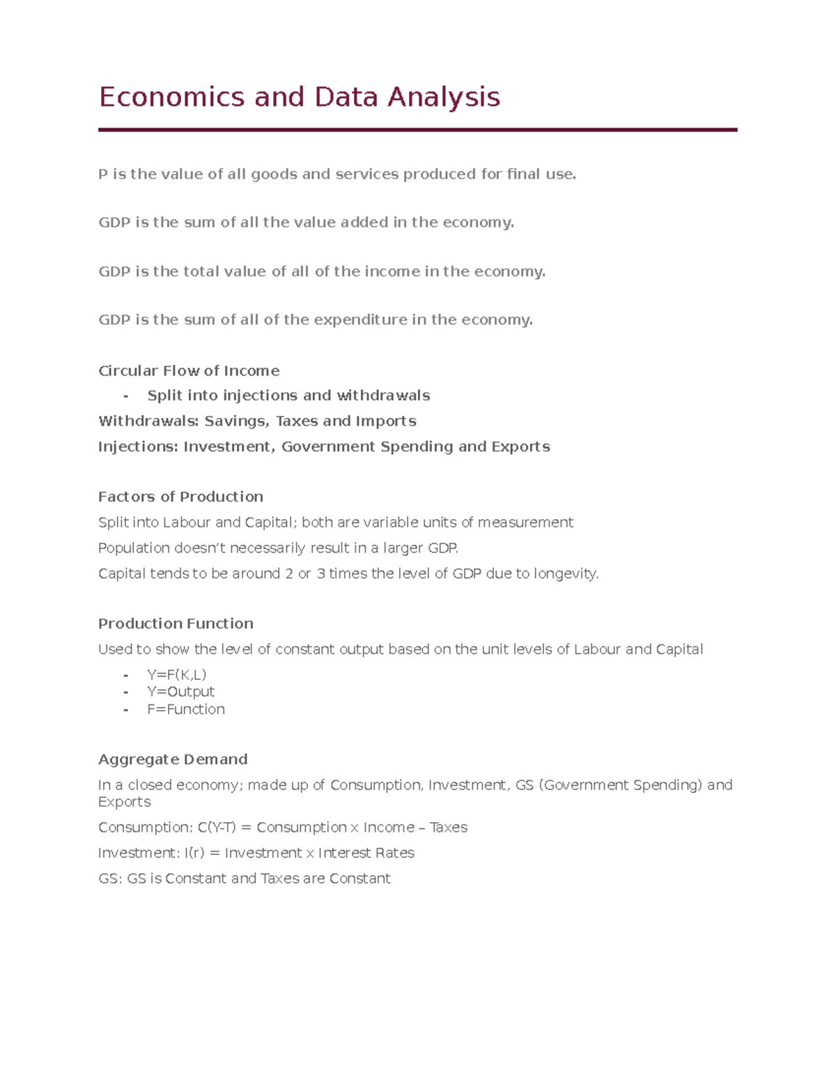 Macro 2 - Lecture notes 2 - Economics and Data Analysis P is the value ...