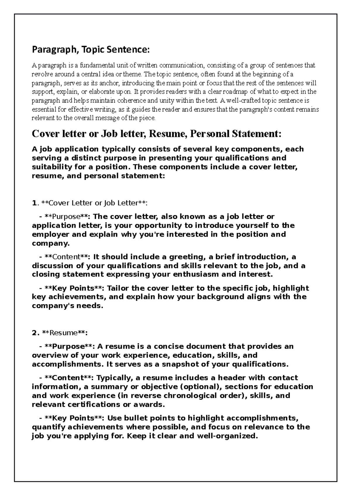 Lecture 1 to 7 - Help the student - Paragraph, Topic Sentence: A ...