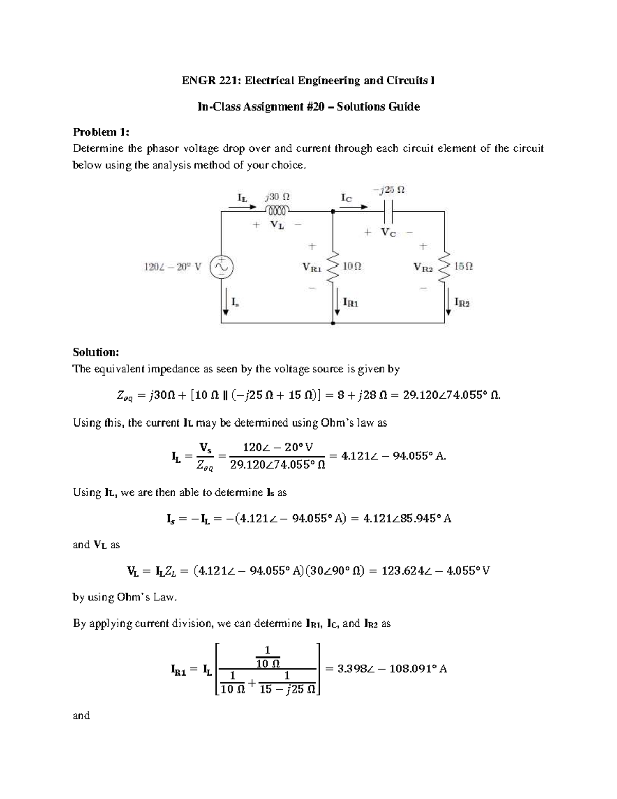 In-Class Assignment #20 - Solutions Guide - ENGR 221: Electrical ...