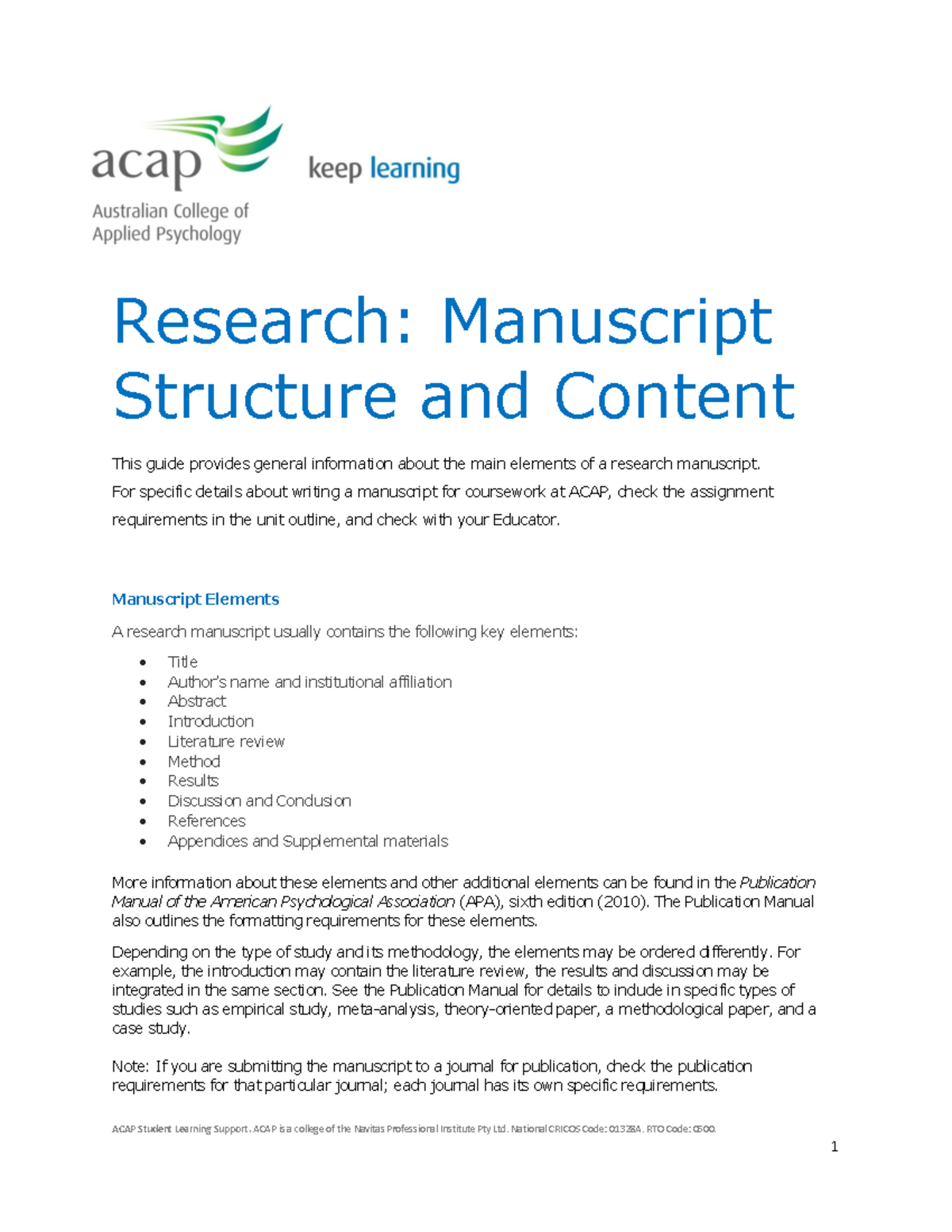 Guide to manuscript 2 - Pr 1 - ACAP Student Learning Support. ACAP is a college of the Navitas ...