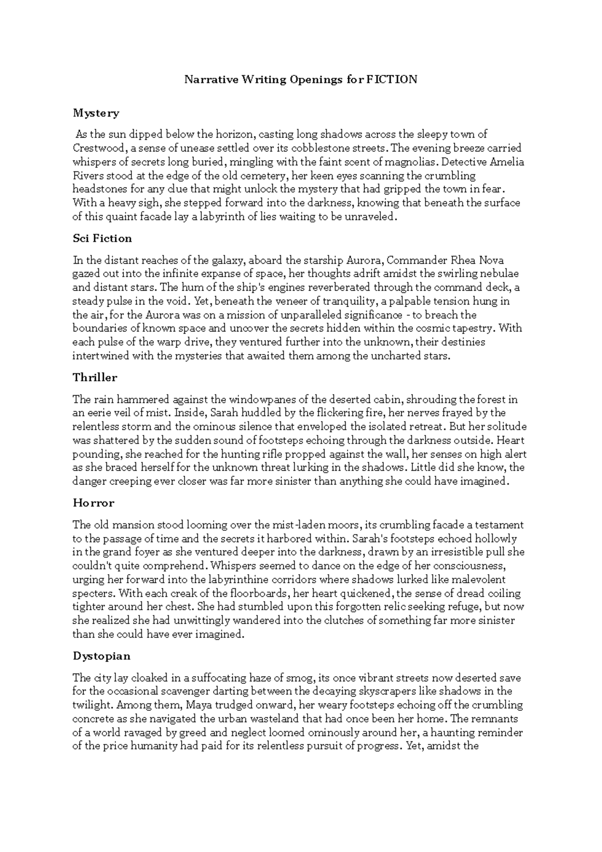 Narrative Writing Openings for Fiction - Narrative Writing Openings for ...