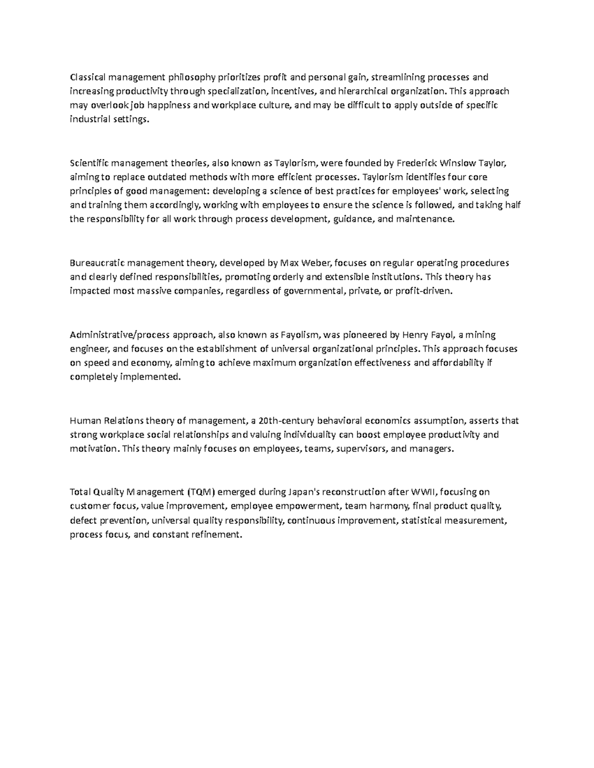 Classical management philosophy prioritizes profit and personal gain Q1 ...