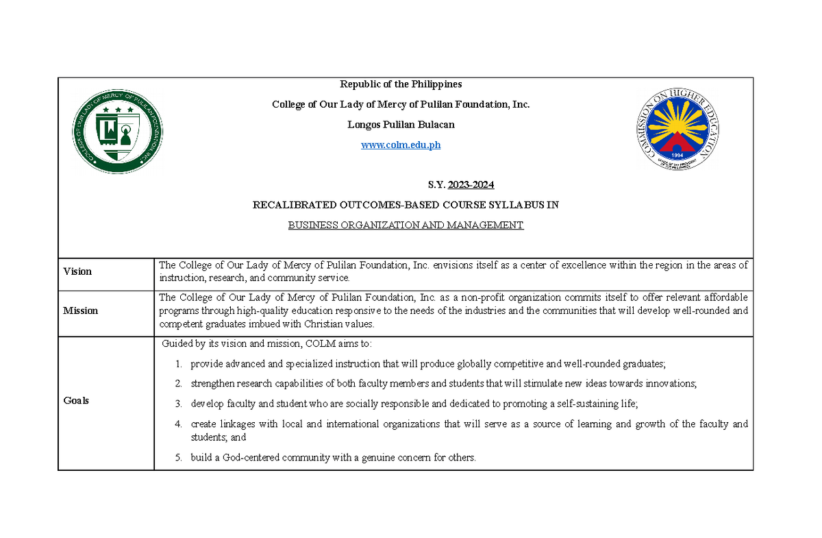 Sample OBE - OBE - Republic of the Philippines College of Our Lady of ...