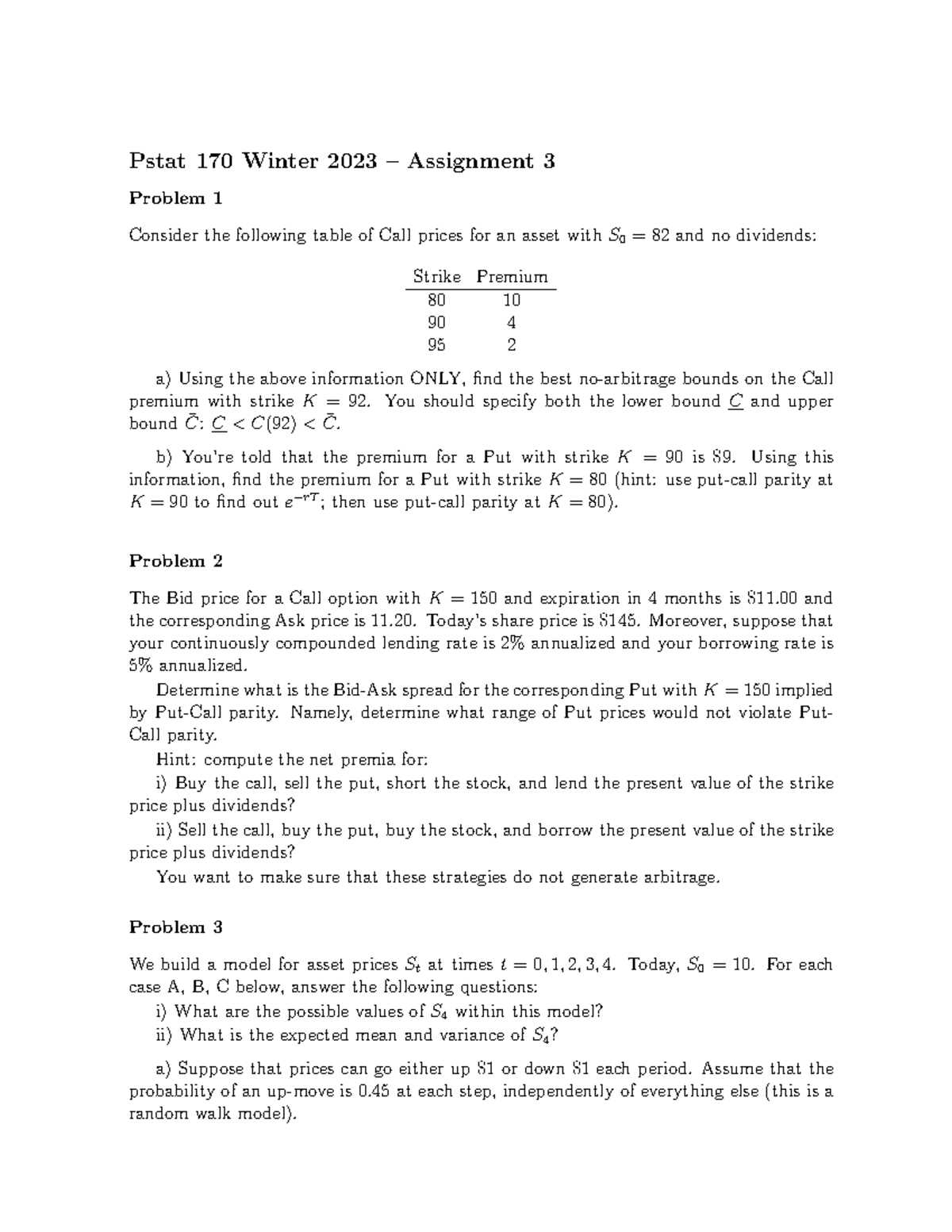 171 hw3 pstat - Pstat 170 Winter 2023 – Assignment 3 Problem 1 Consider ...