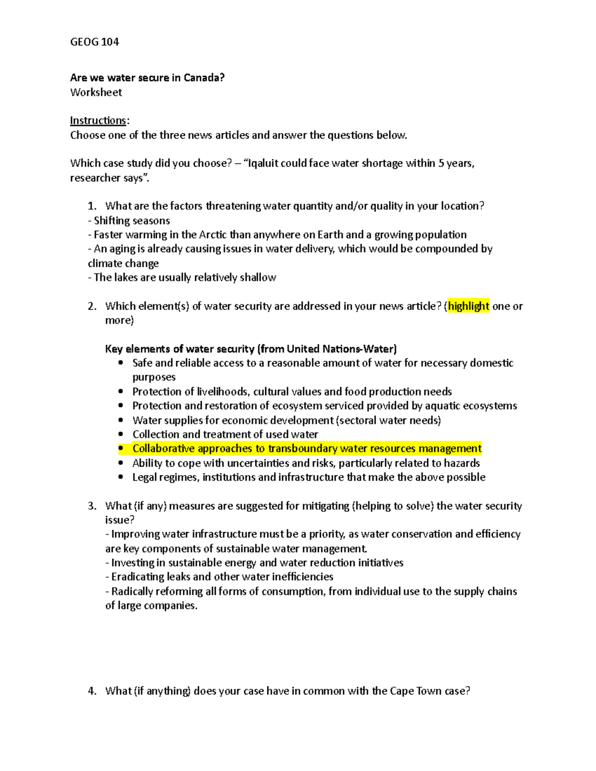 Water security - geog104 - GEOG 104 Are we water secure in Canada ...