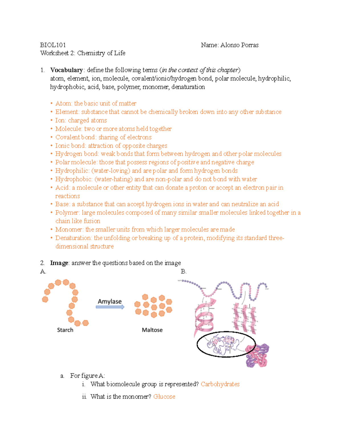 101 WS2 sp23 - Worksheet 2 work - BIOL101 Name: Alonso Porras Worksheet ...