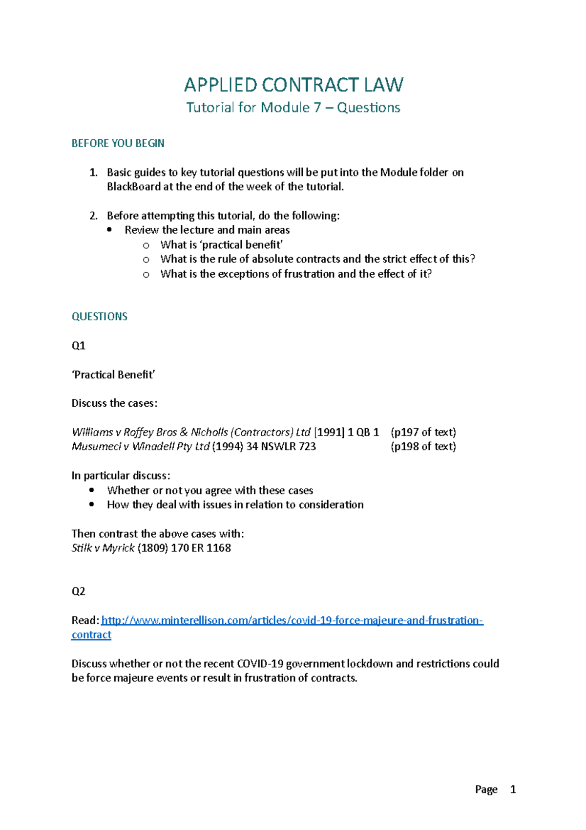 Module 7 - Tutorial Questions - Page 1 APPLIED CONTRACT LAW Tutorial for Module 7 – Questions ...