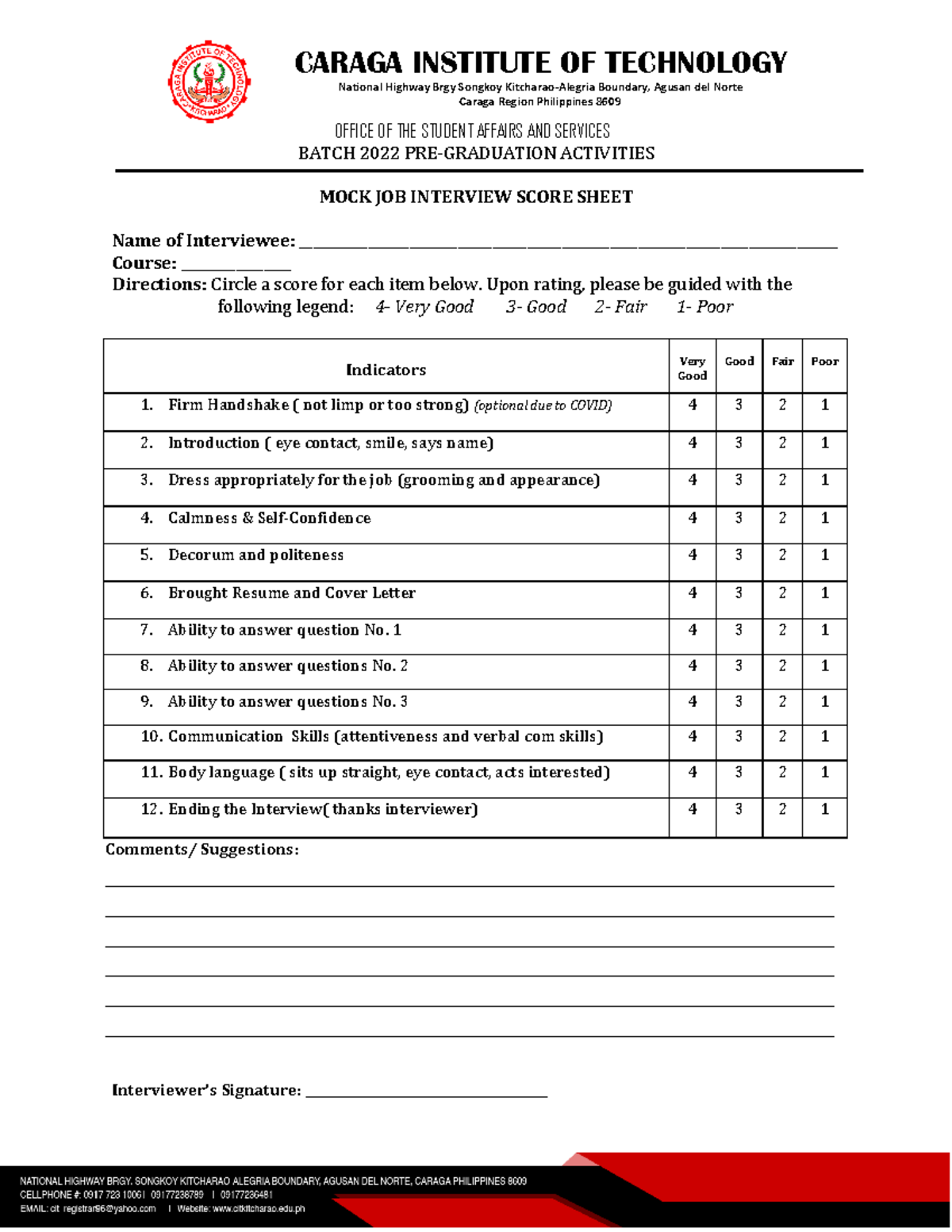 Mock Job Interview Sample Questions Score Sheet - CARAGA INSTITUTE OF ...