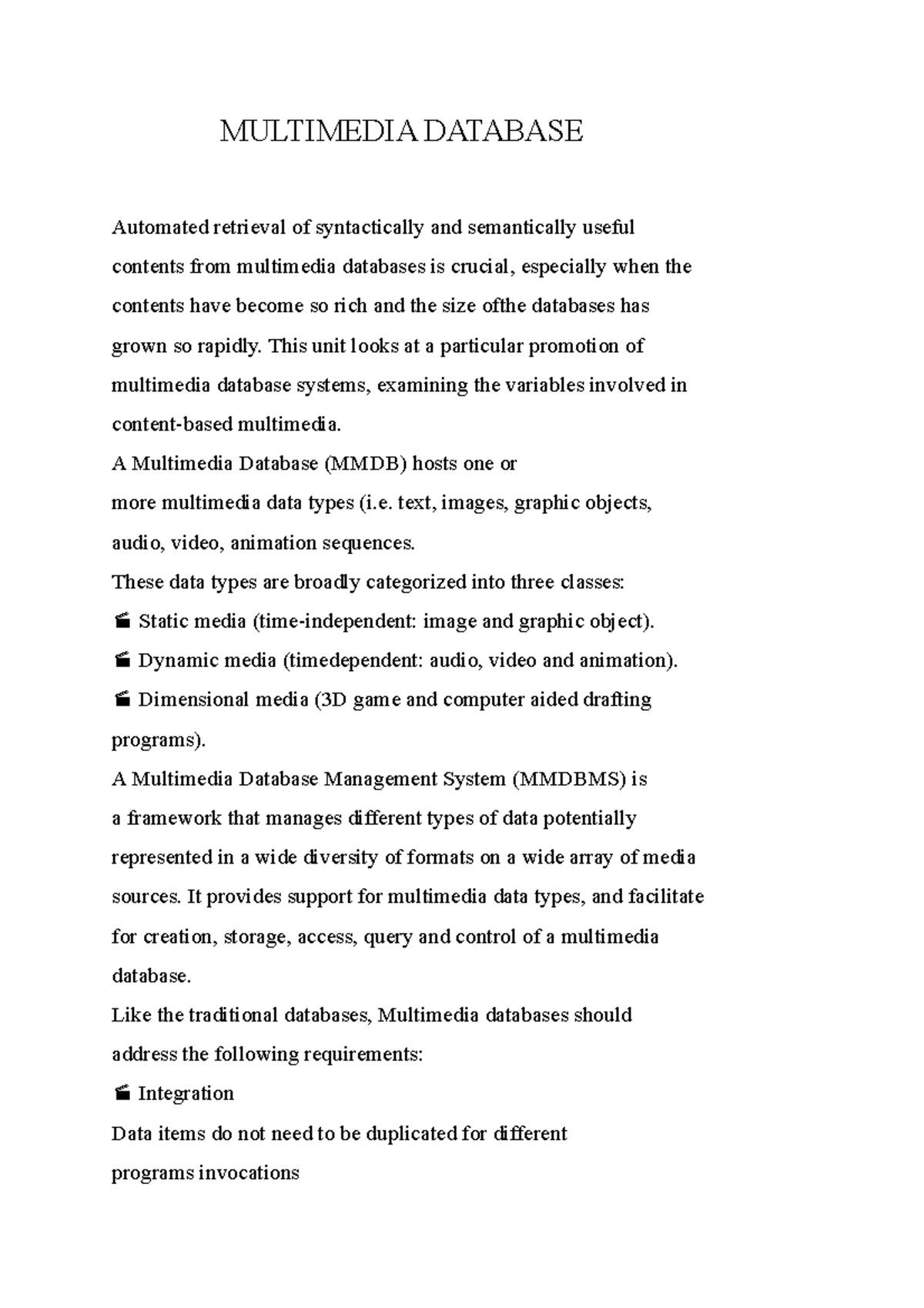 Multimedia Database - Lecture notes 1 - MULTIMEDIA DATABASE Automated ...