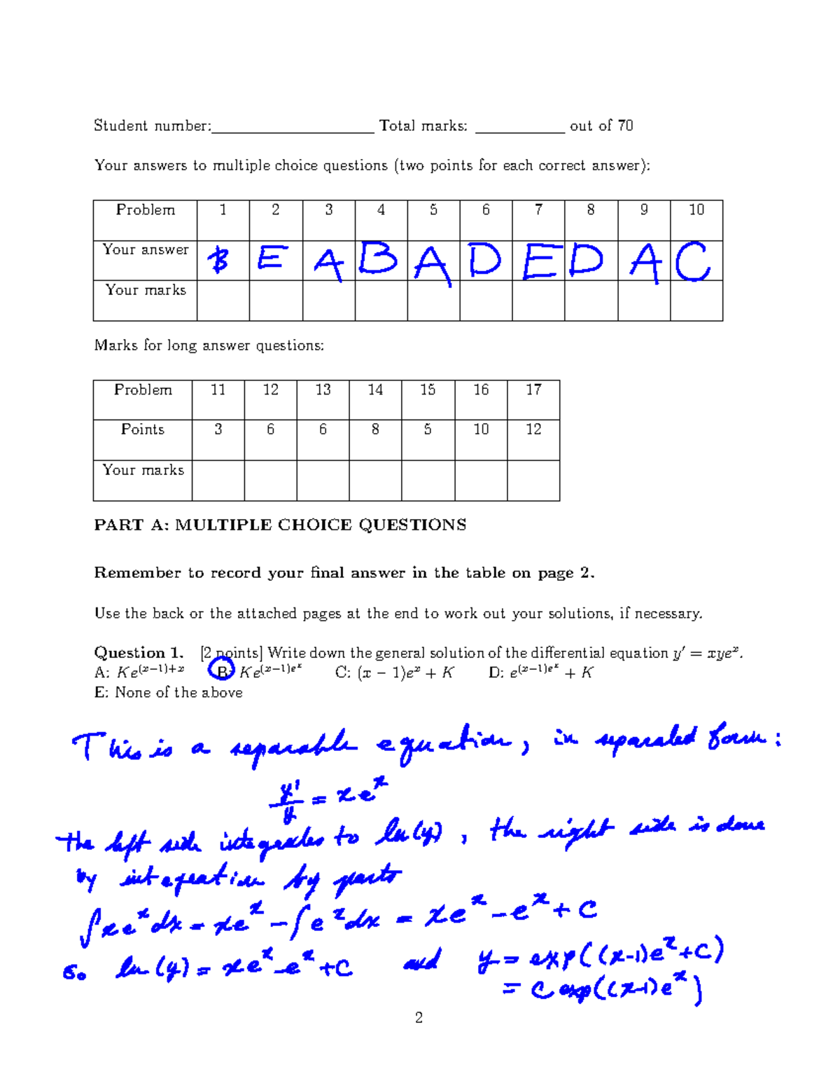 Mat1332 final with solutions - Student number: Total marks: out of 70 Your answers to multiple ...
